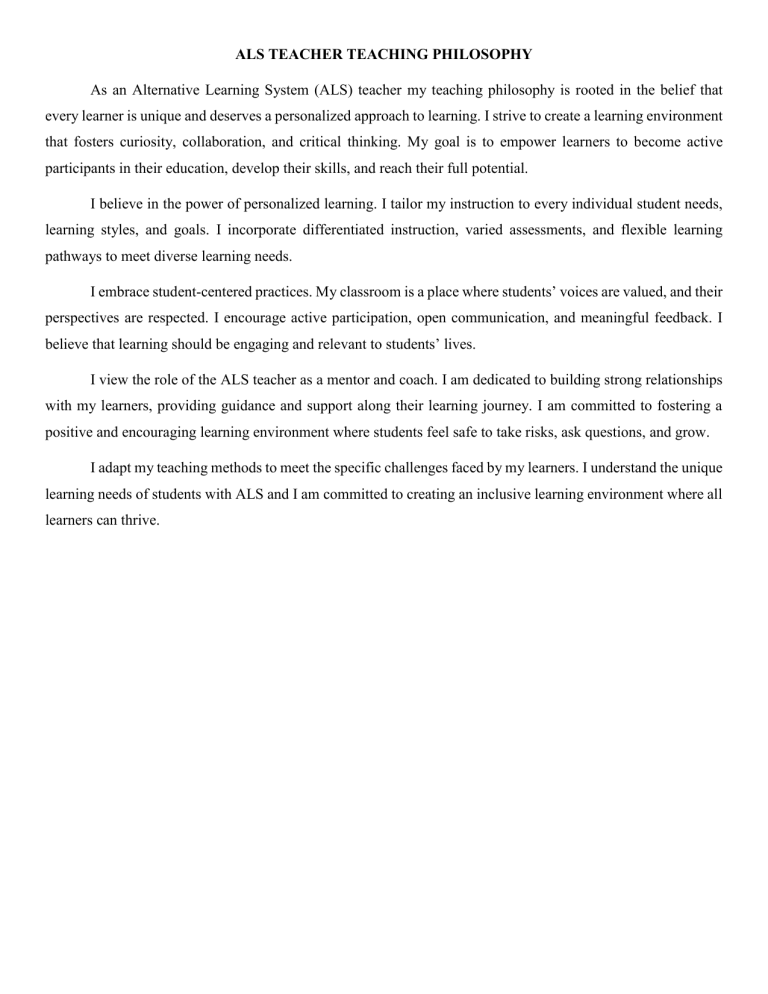 ALS Teacher Teaching Philosophy: Personalized Learning
