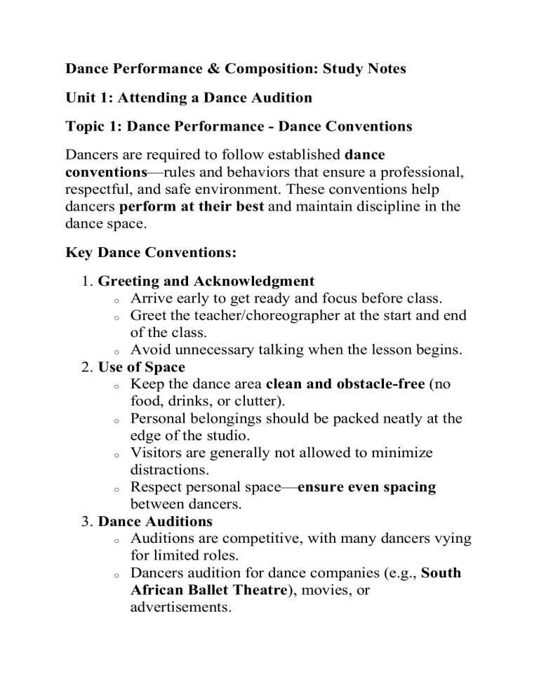 Dance Performance & Composition Study Notes
