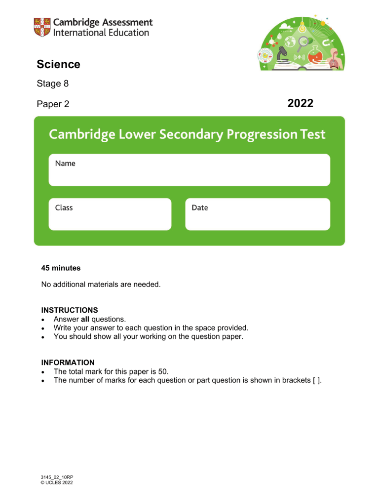 Science Stage 8 Paper 2 2022 - Cambridge Lower Secondary Progression Test