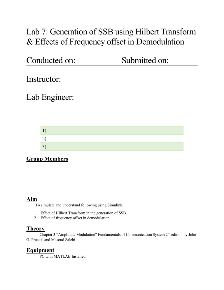 SSB Generation with Hilbert Transform: Lab Manual