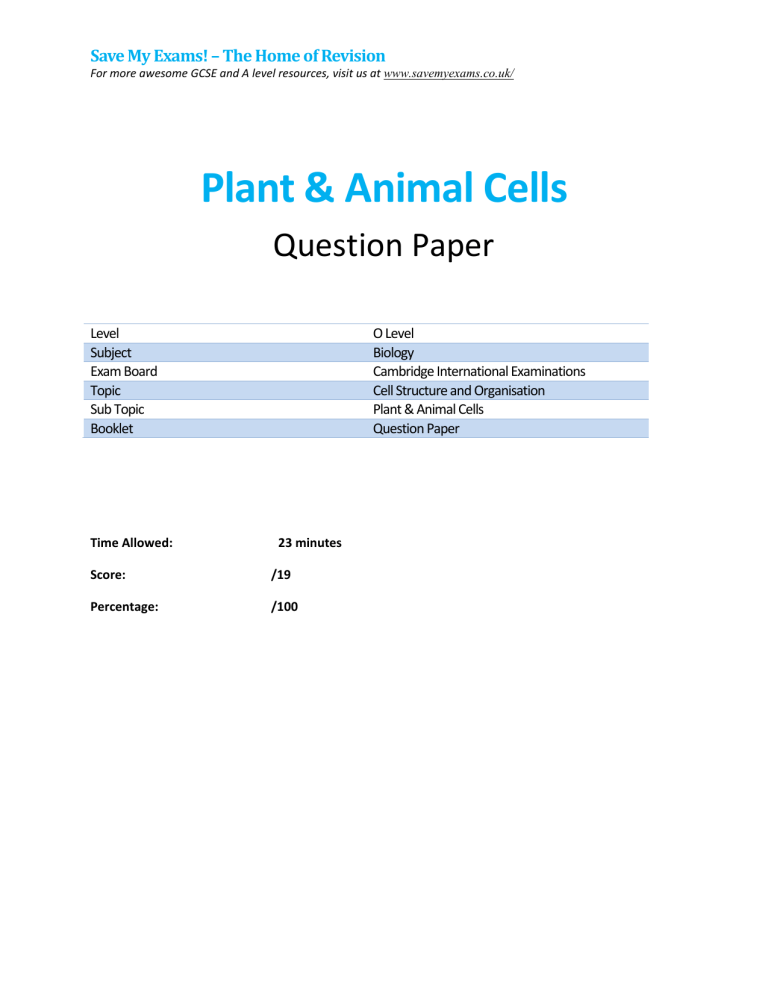 Plant & Animal Cells: O Level Biology Question Paper