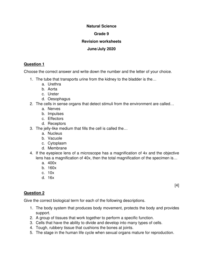 Grade 9 Natural Science Revision Worksheet