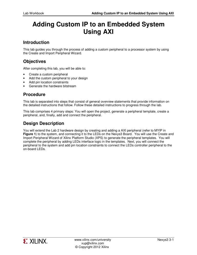 Adding Custom Ip To Embedded Systems Using Axi Lab Workbook 9928