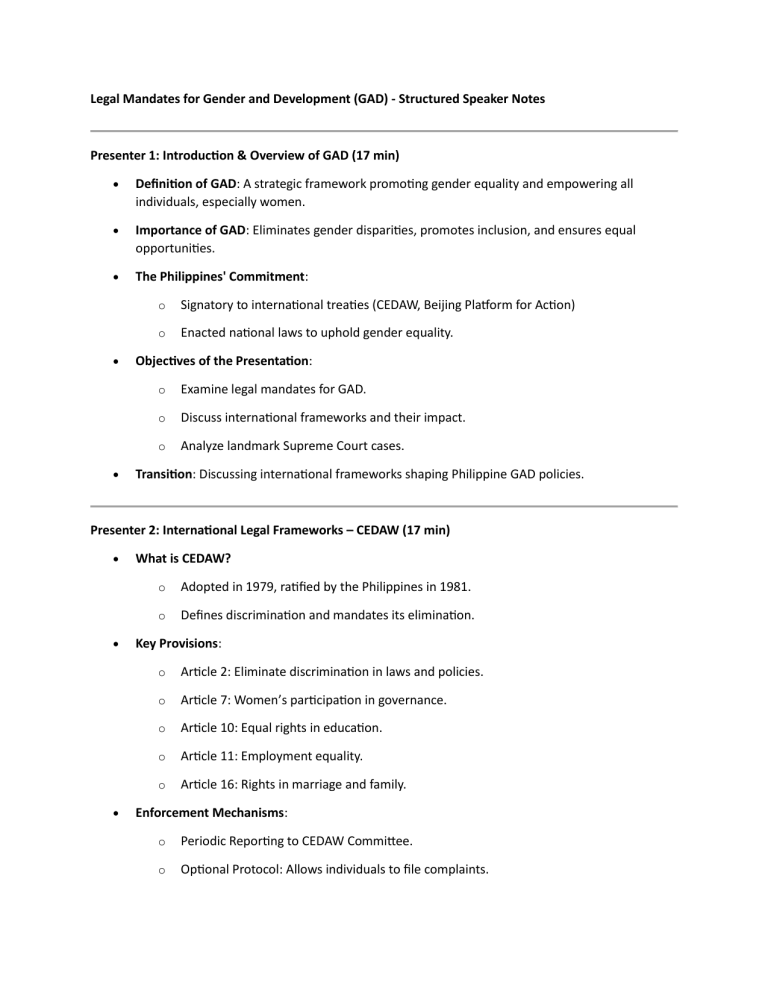 GAD Legal Mandates: Speaker Notes on Gender Equality