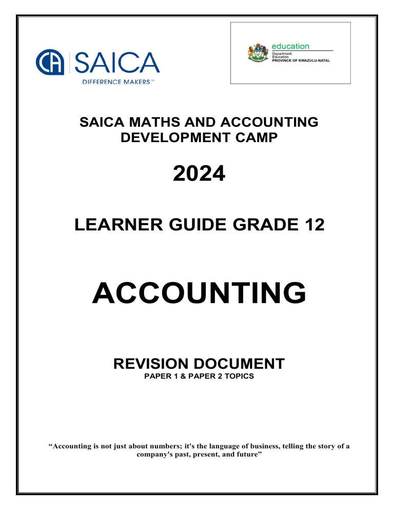 Grade 12 Accounting Revision: SAICA Camp Guide 2024