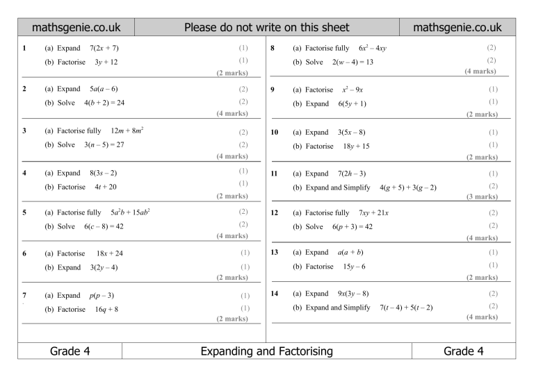 Expanding and Factorising Algebra Worksheet - Maths Genie Grade 4