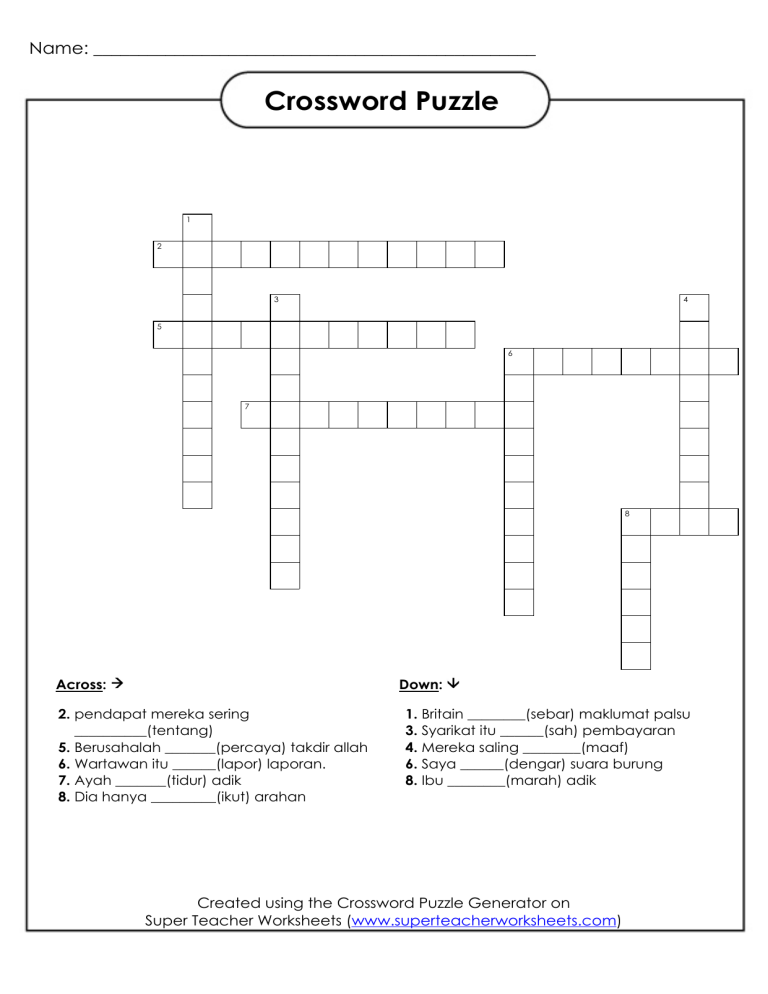 Indonesian Crossword Puzzle Worksheet