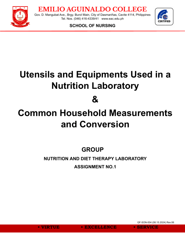 Nutrition Lab Utensils & Measurements: College Assignment