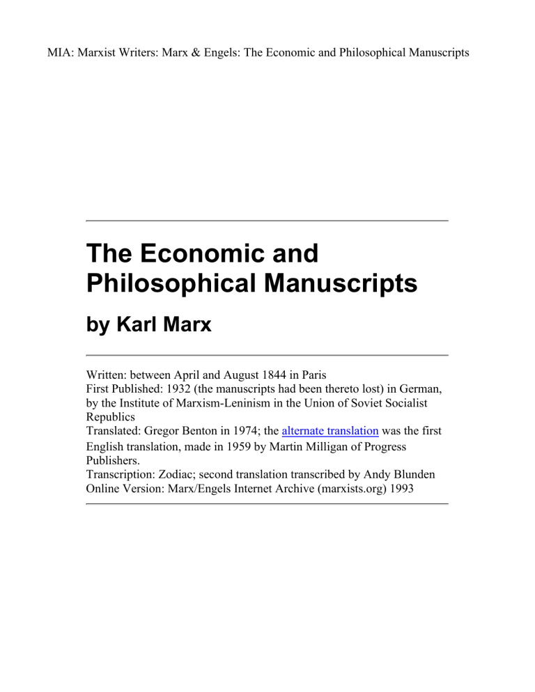 Marx's Economic and Philosophical Manuscripts