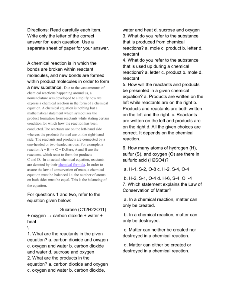 Chemical Reactions & Gas Laws Worksheet - High School Chemistry