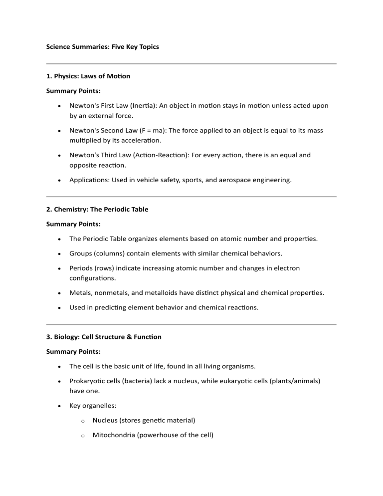 Science Summaries: Physics, Chemistry, Biology, Earth Science, Astronomy