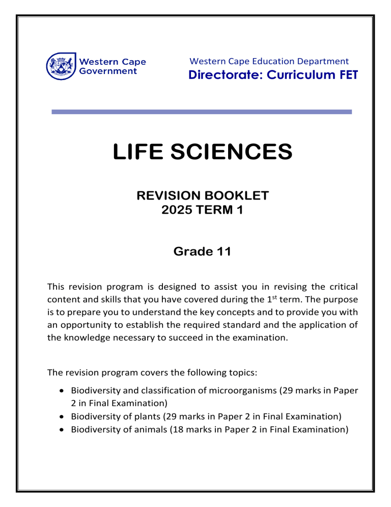 Grade 11 Life Sciences Revision: Biodiversity & Classification