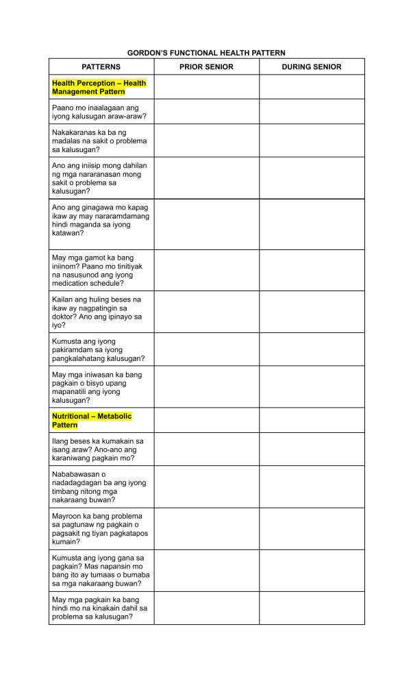 Gordon's Functional Health Pattern Questionnaire for Seniors