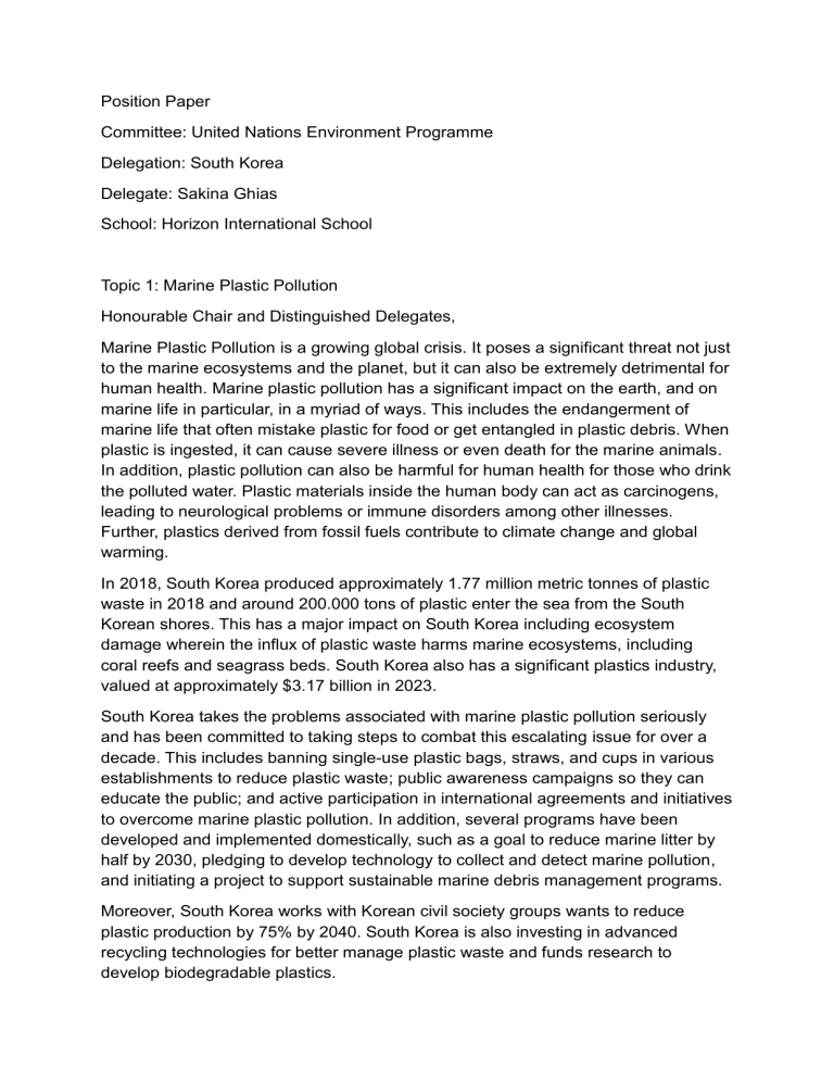 South Korea Position Paper: Combating Marine Plastic Pollution
