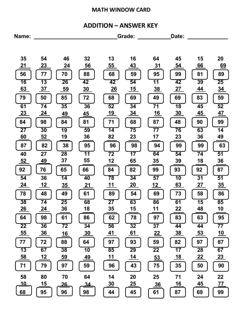 Math Answer Key: Addition, Subtraction, Multiplication, Division