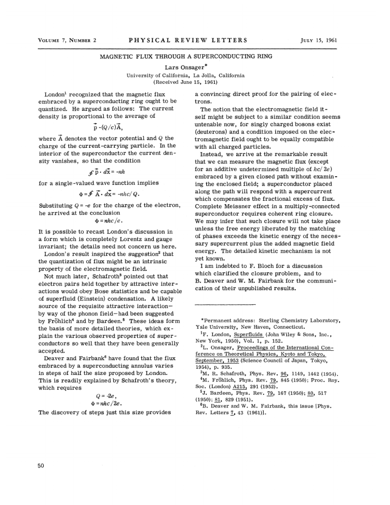 Magnetic Flux in Superconducting Rings: Onsager's Analysis