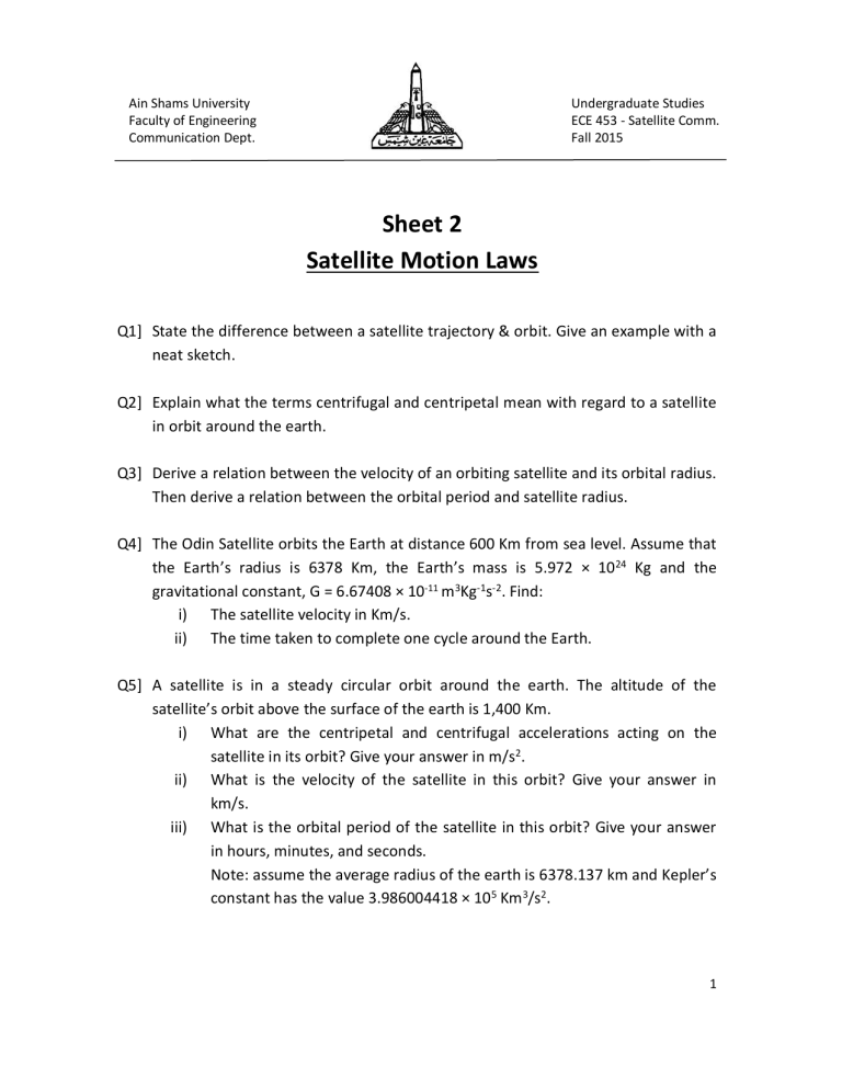 Satellite Motion Laws Worksheet - ECE 453