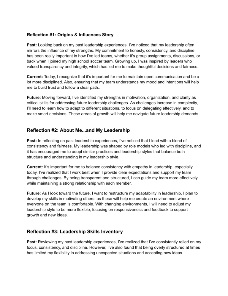 Leadership Reflections: Past, Present, and Future