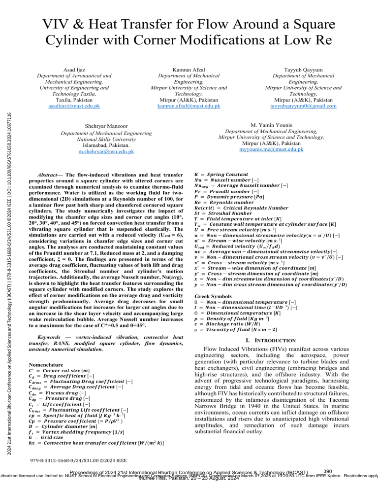 VIV & Heat Transfer: Square Cylinder Corner Modifications
