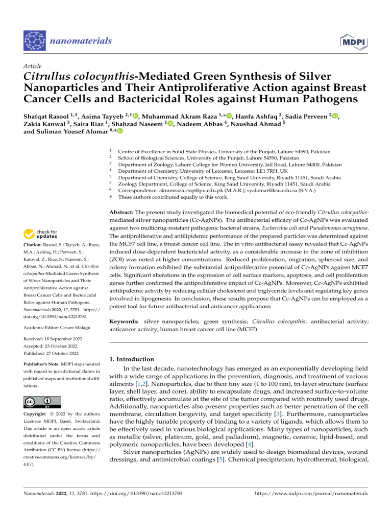 Cc-AgNPs: Green Synthesis, Anticancer & Antibacterial Activity