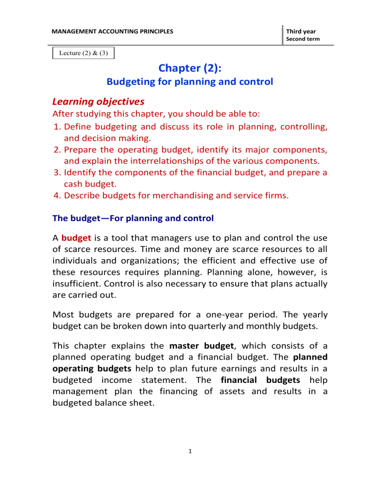 Budgeting for Planning & Control: Management Accounting Principles