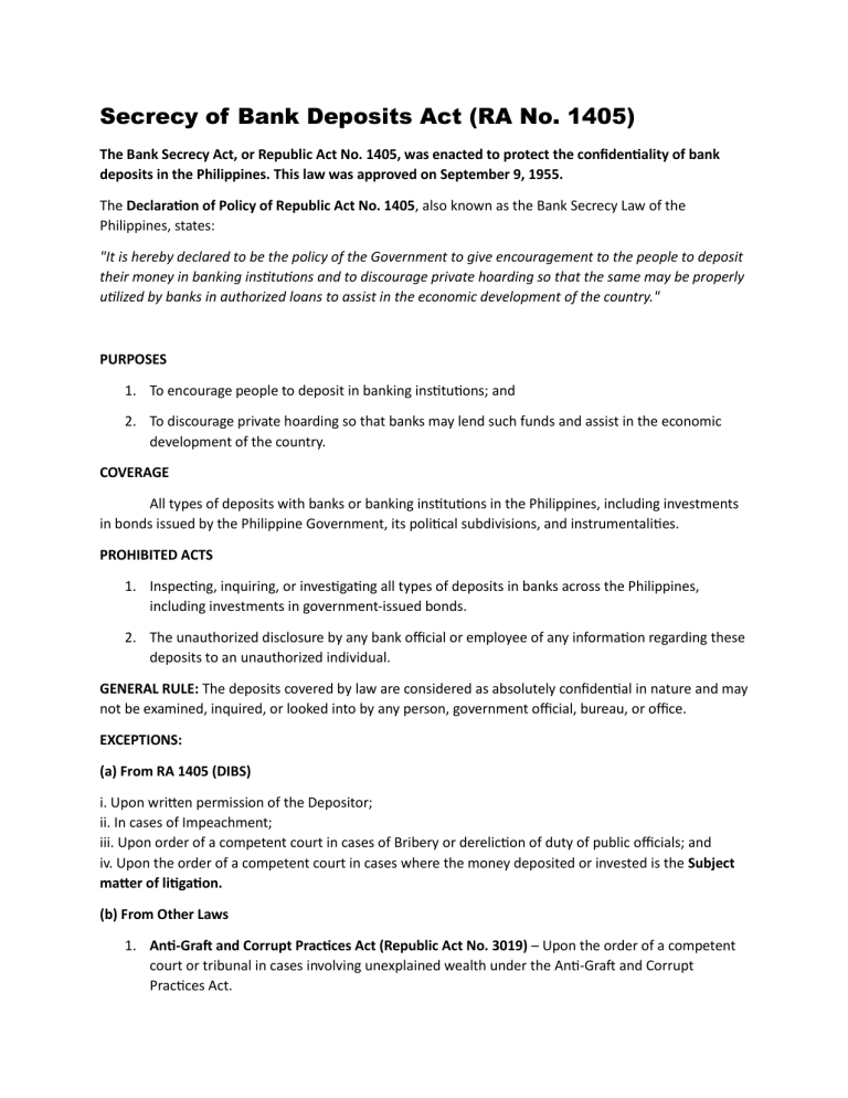 Bank Secrecy Act (RA 1405): Philippines Law Explained