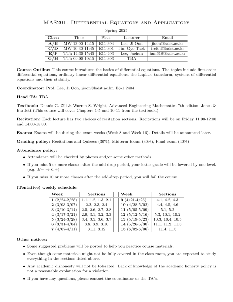 MAS201 Differential Equations Course Syllabus - Spring 2025
