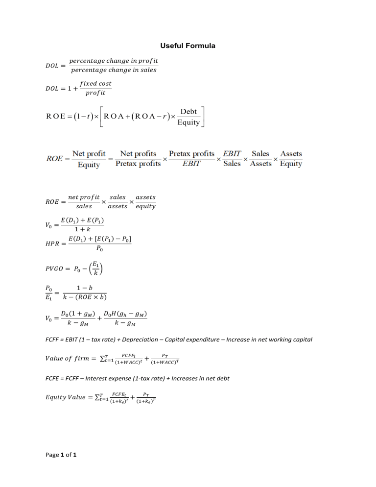 Finance Formulas: DOL, ROE, Valuation, FCFF, FCFE
