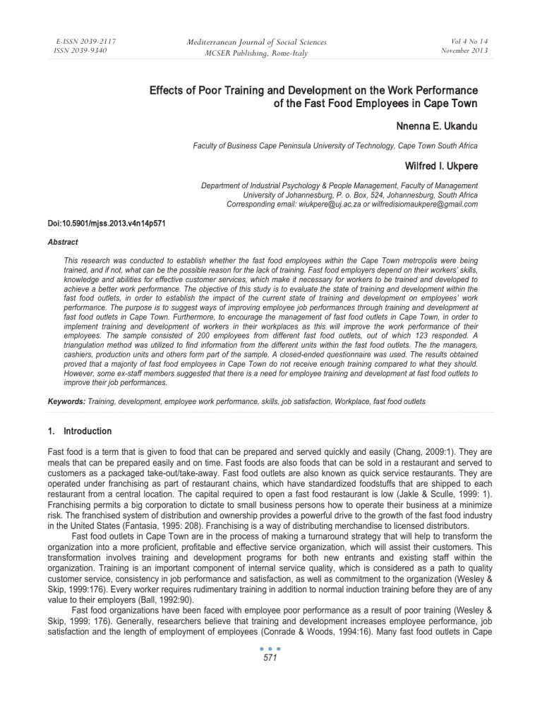 Effects of Poor Training on Fast Food Employee Performance in Cape Town
