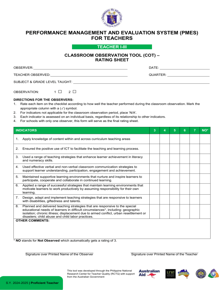 Teacher Classroom Observation Rating Sheet