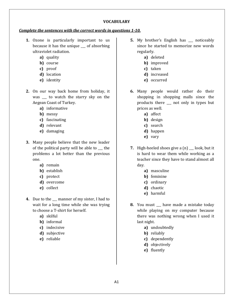 English Vocabulary & Grammar Exercises: Sentence Completion