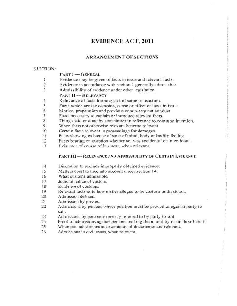 Evidence Act 2011: Arrangement of Sections