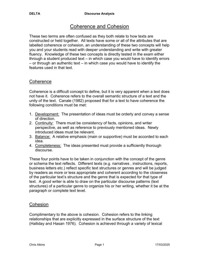 Coherence and Cohesion in Discourse Analysis