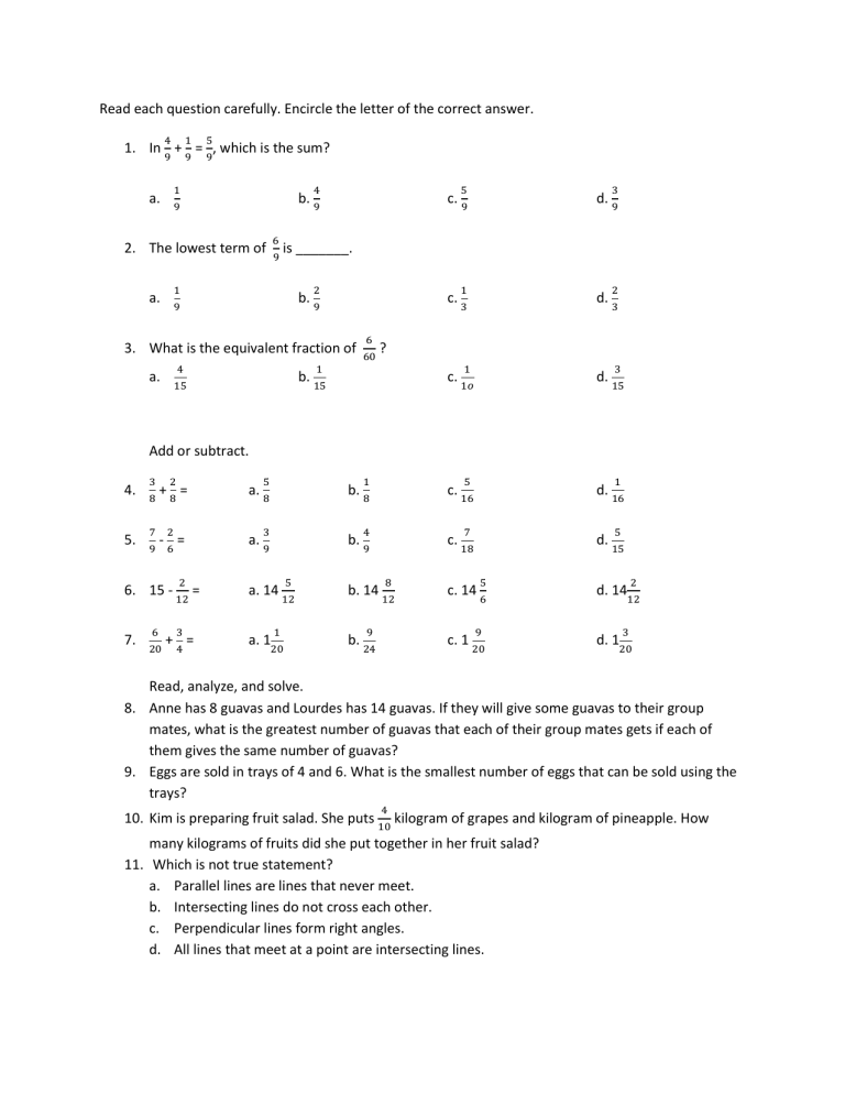 Math Worksheet: Fractions, Geometry, Volume