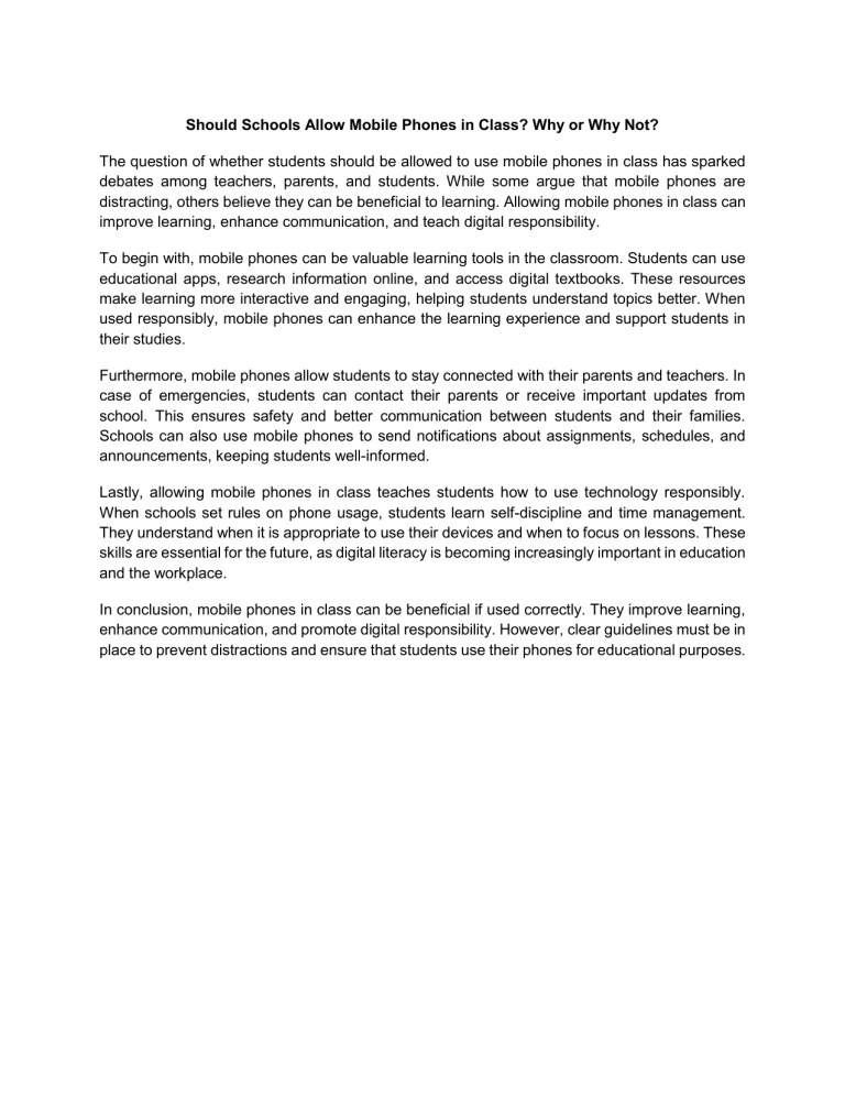 Mobile Phones in Schools: Pros & Cons Essay