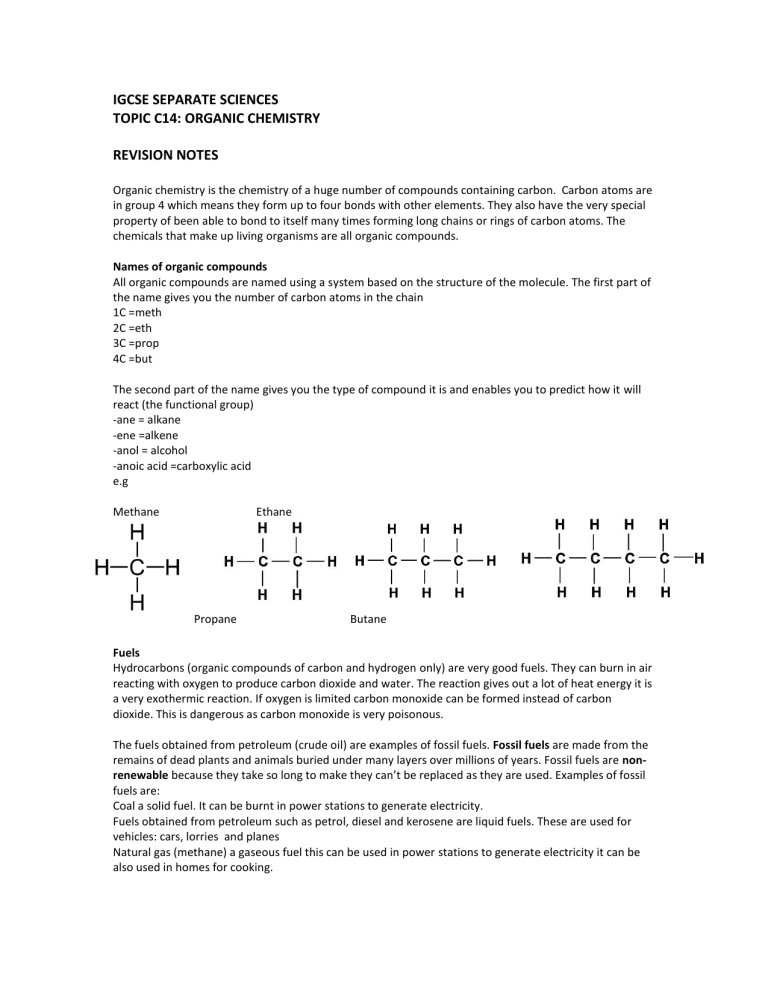 IGCSE Organic Chemistry Revision Notes: Alkanes, Alkenes, Alcohols