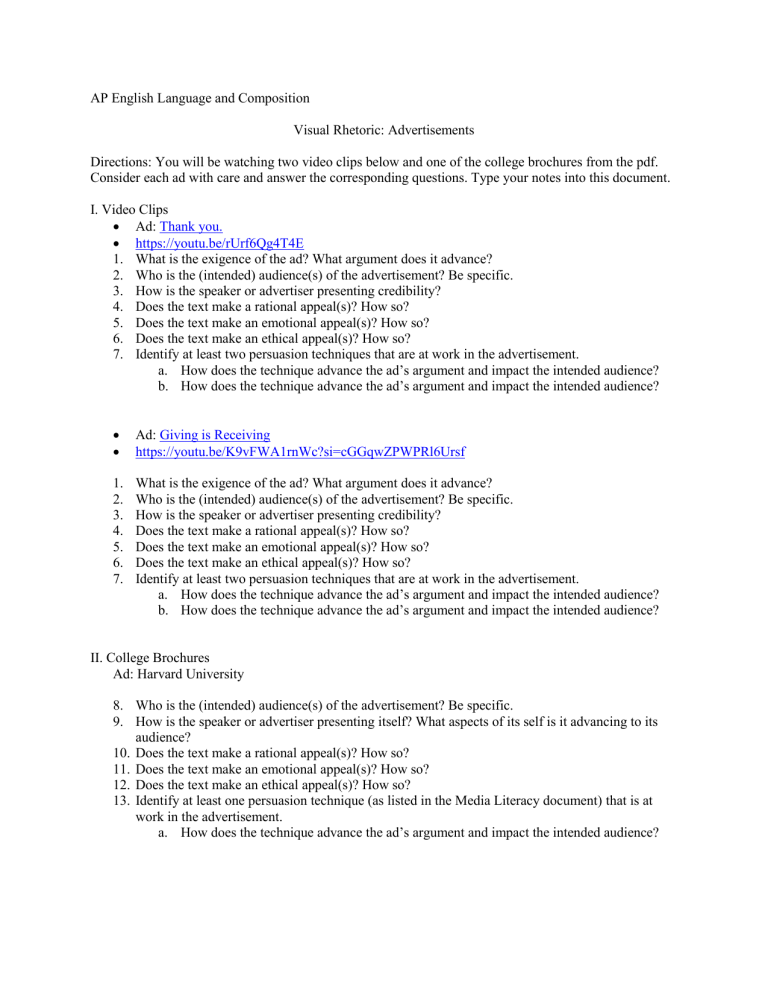 Visual Rhetoric Ad Analysis: AP English Assignment