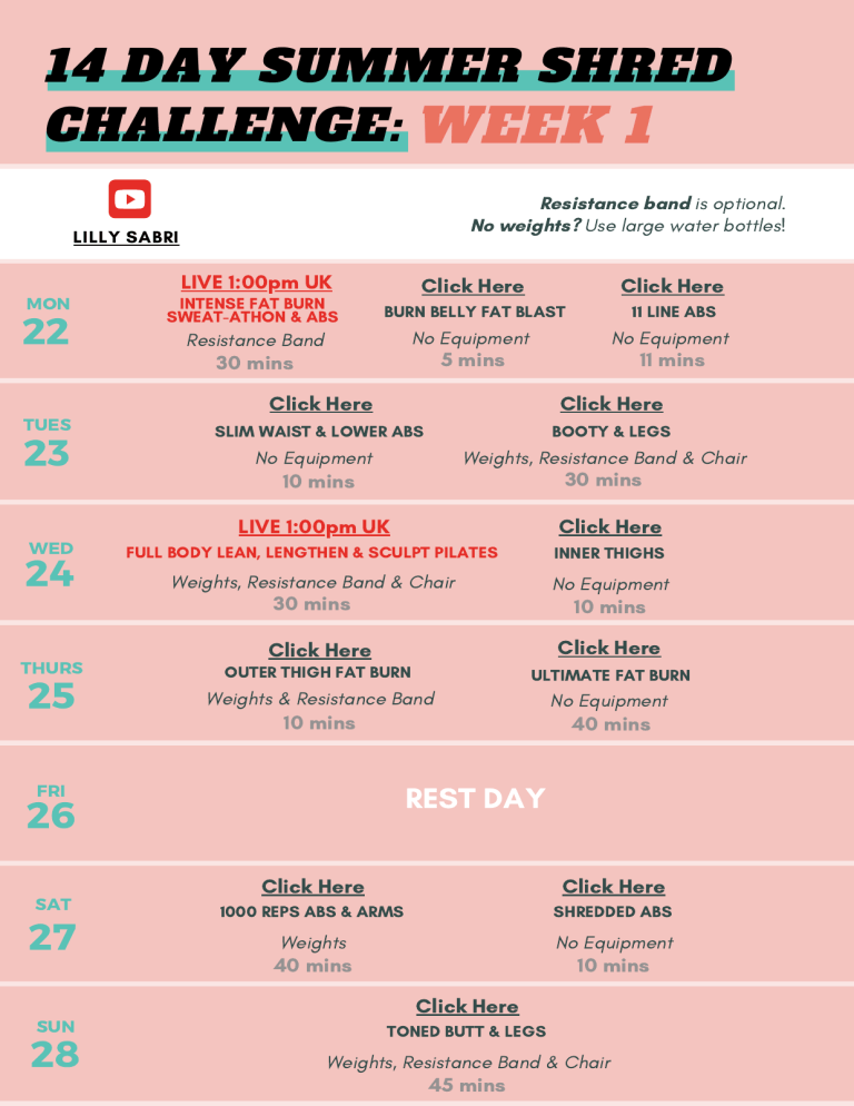14 Day Summer Shred Workout Plan by Lilly Sabri