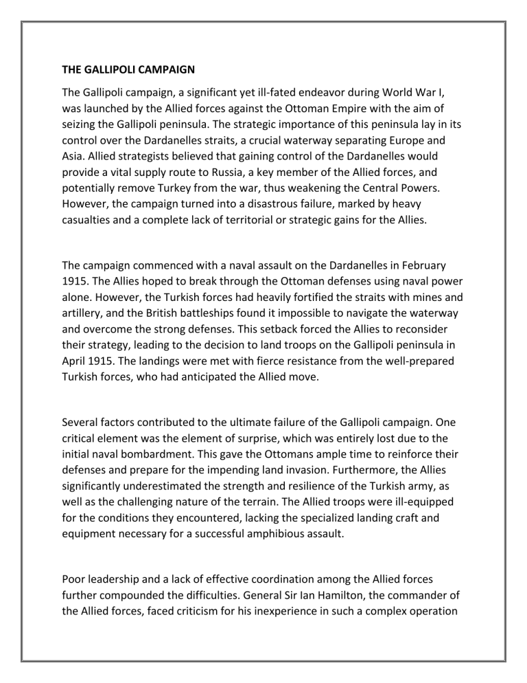 THE GALLIPOLI CAMPAIGN