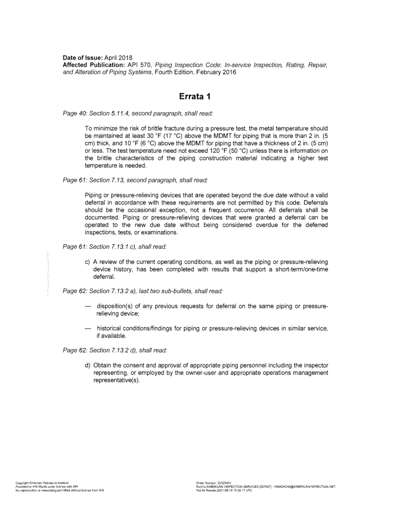 API 570 Errata 1: Piping Inspection Code Corrections