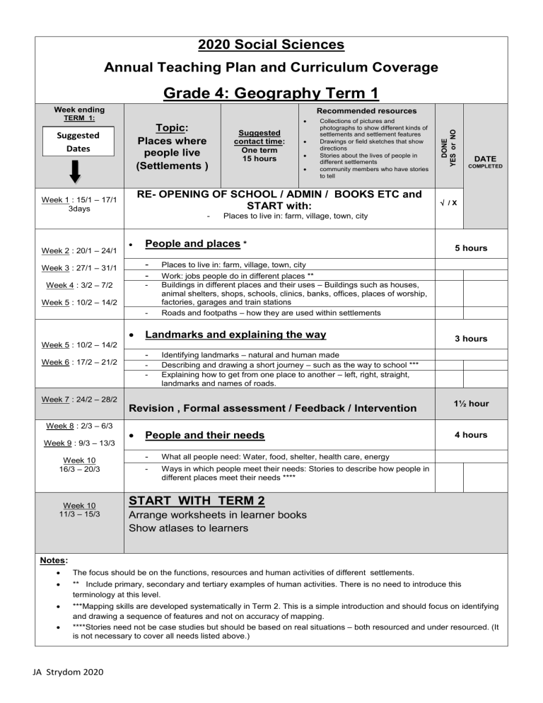 Grade 4 Geography Teaching Plan: South Africa