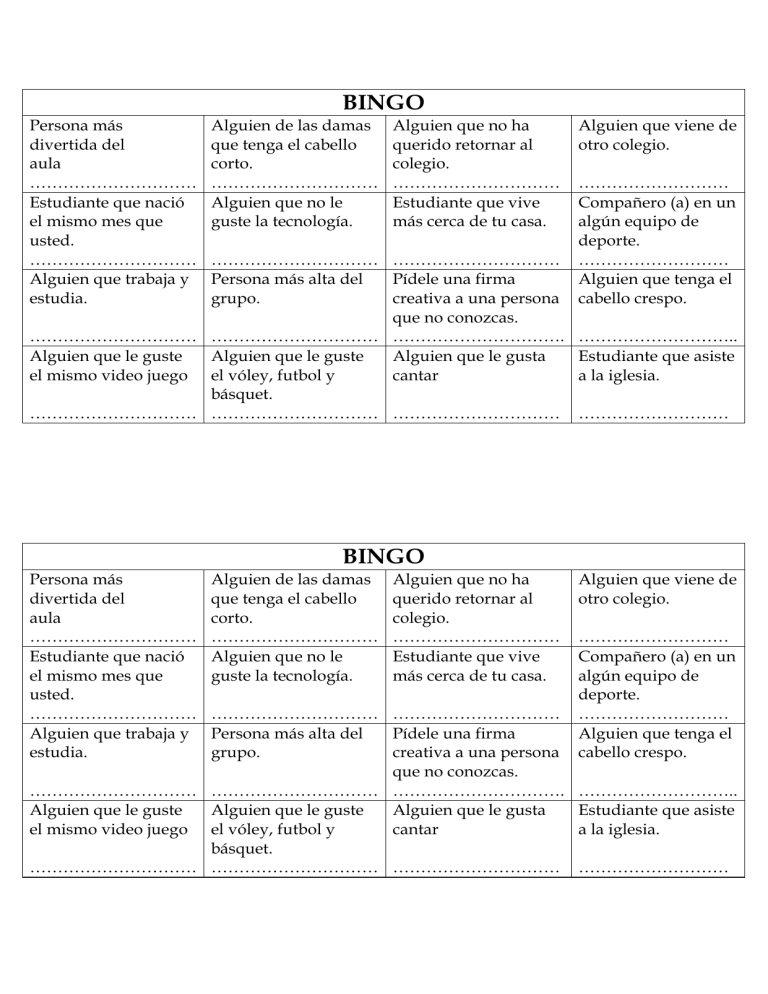 Cartón de Bingo para Estudiantes: Actividad Rompehielos