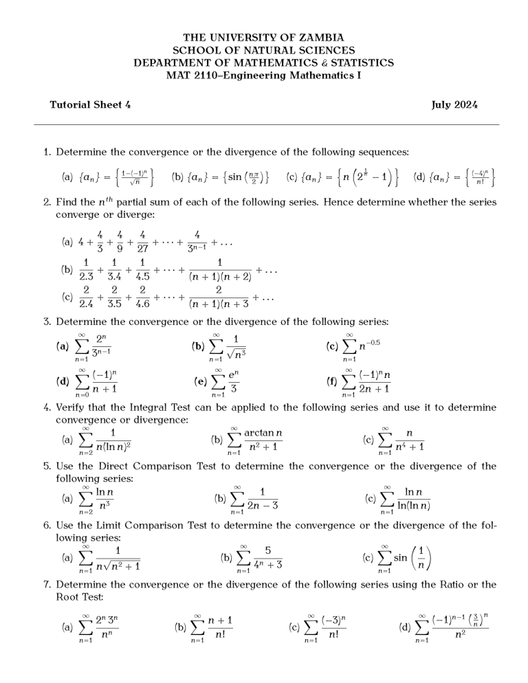 Engineering Mathematics I Tutorial Sheet - Sequences & Series