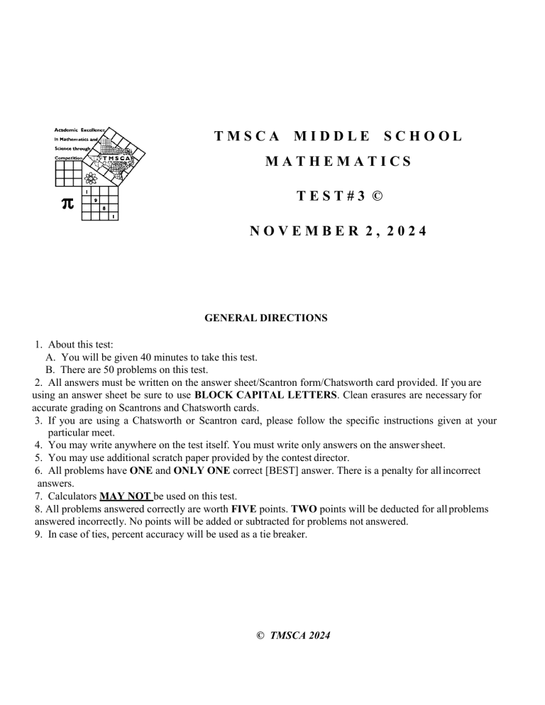 TMSCA Middle School Mathematics Test #3 - 2024