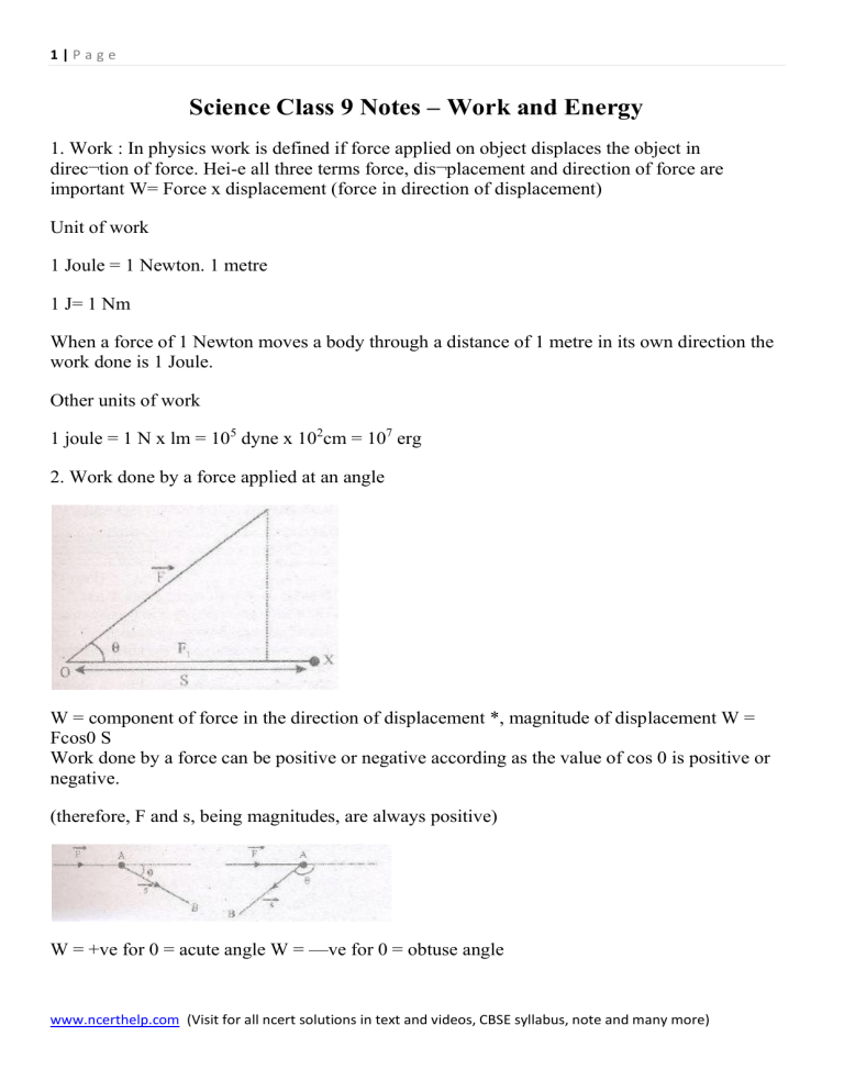 Work and Energy Class 9 Notes: Physics Concepts