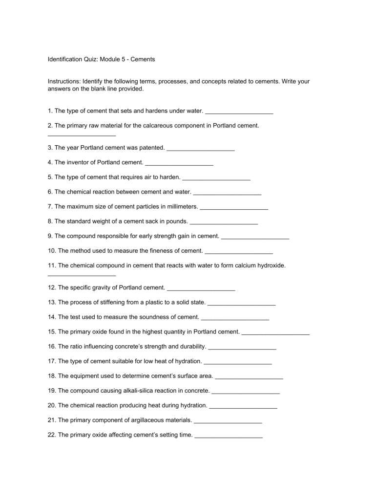 Cement Quiz: Properties, Types, and Tests