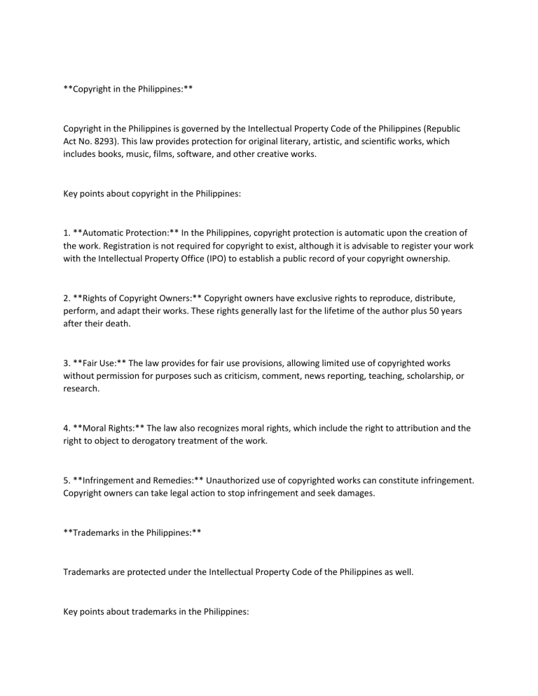 Copyright & Trademarks in the Philippines: Legal Overview