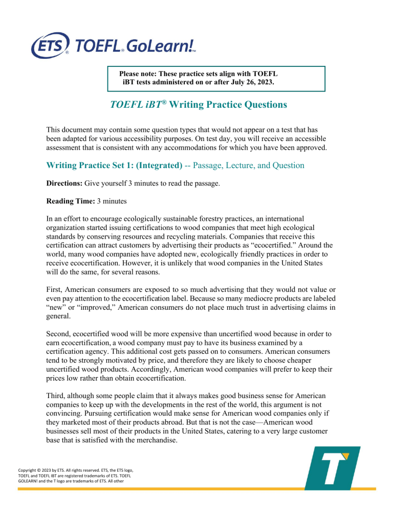 TOEFL iBT Writing Practice Questions