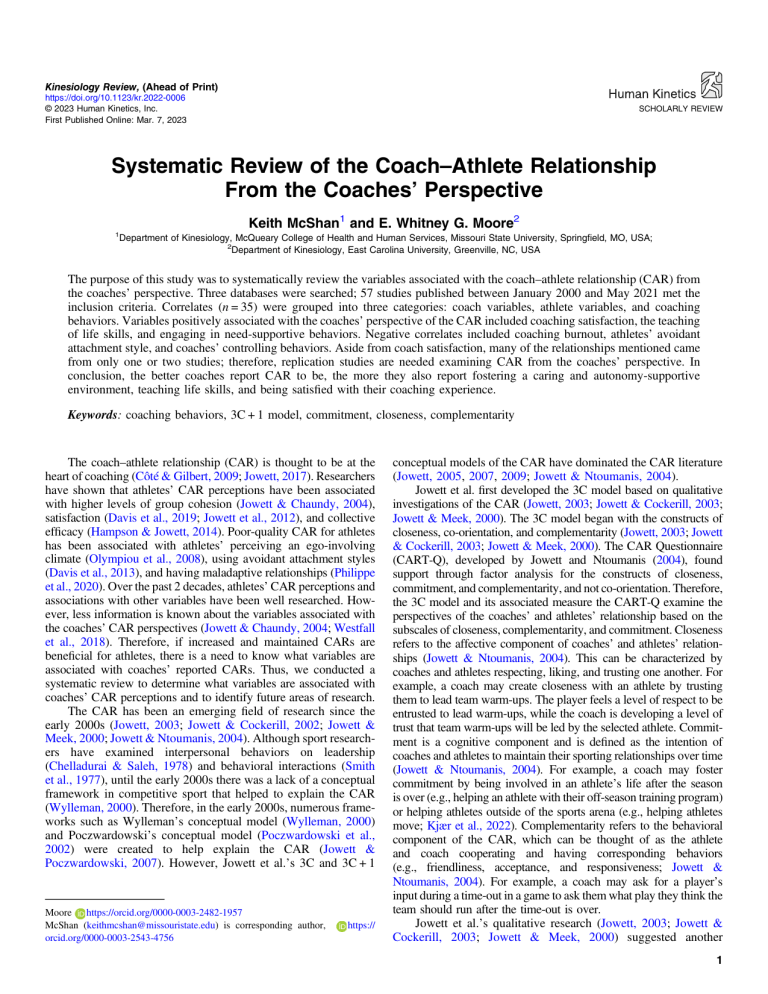 Coach-Athlete Relationship: A Coach's Perspective Review