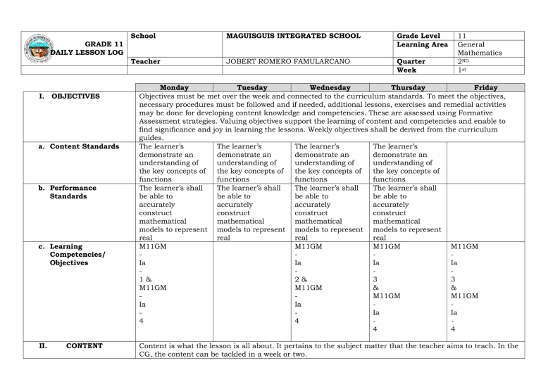 Grade 11 Lesson Log: Math & Communication